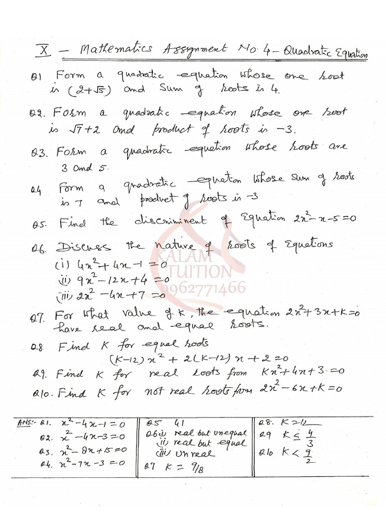Quadratic Equations Assignment 4 | PDF