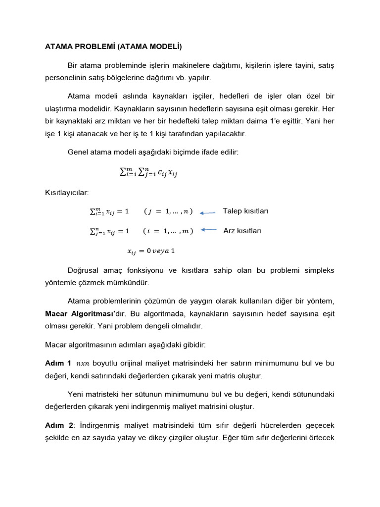 13. Hafta SsonYÖNEYLEM - ATAMA PROBLEMİ (ATAMA MODELİ) | PDF