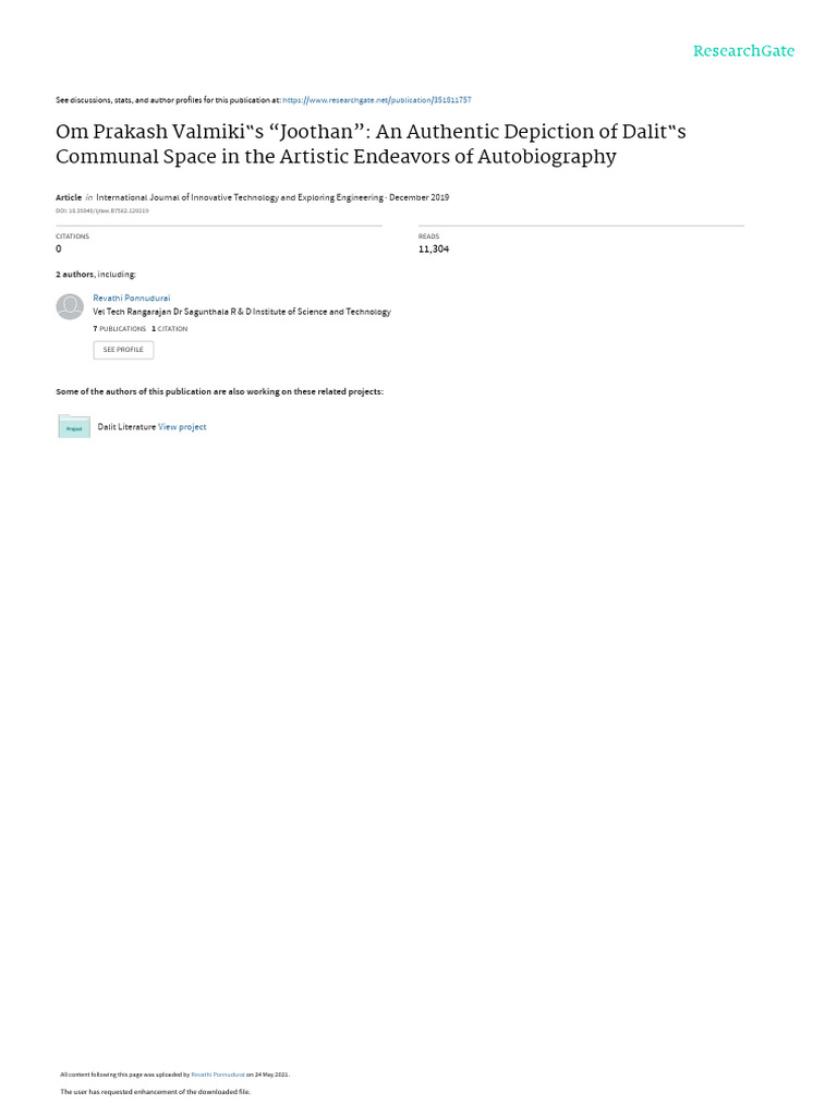 Om Prakash Valmikis Joothan An Authentic | PDF | Dalit | Caste