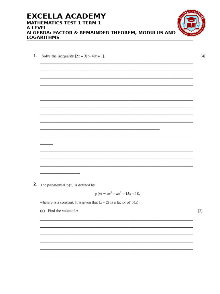 A LEVEL MATHS TEST 1 TERM 1 | PDF | Mathematics | Complex Number