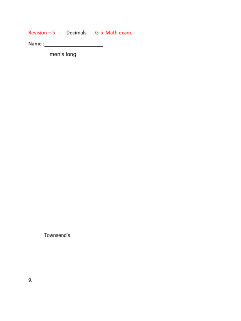 G-5 Revision For Math Exam - 5 Decimals | PDF