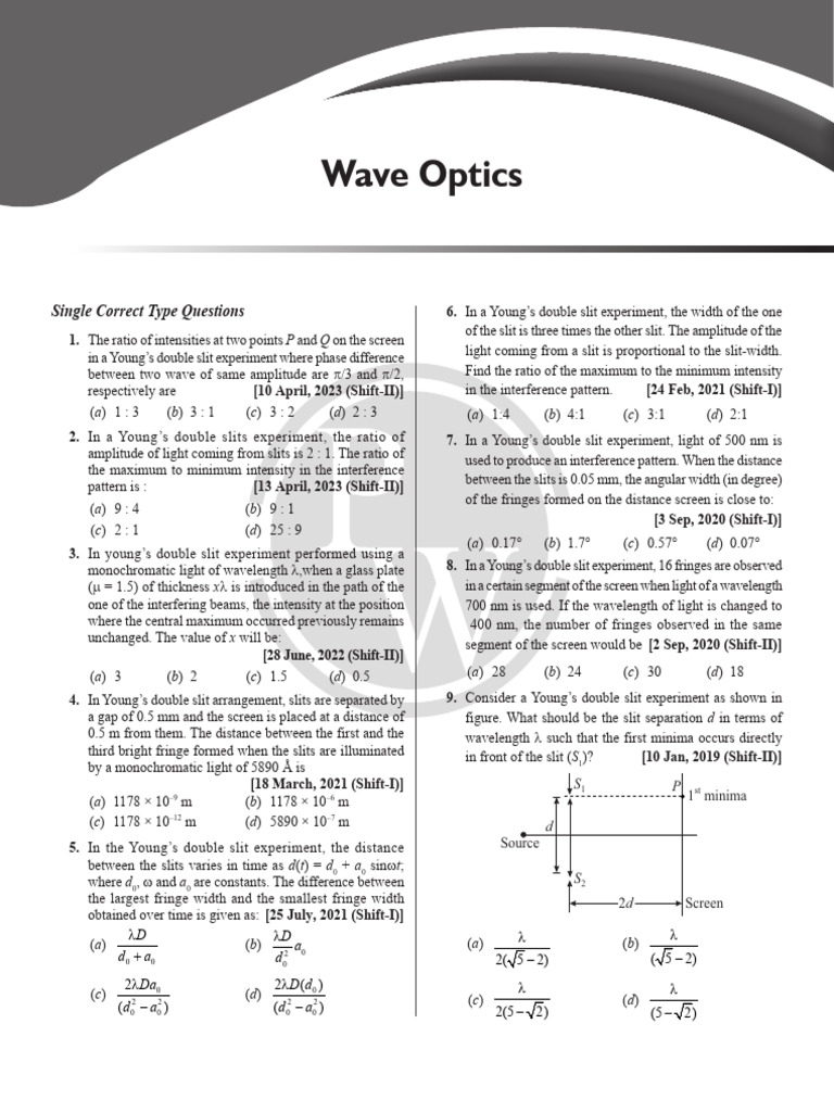 Young's Double Slit Experiment Questions | PDF | Wavelength | Diffraction