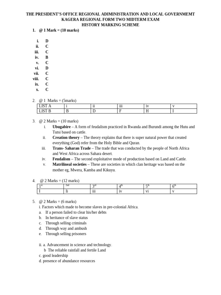 History Form Two Marking Scheme | PDF | East Africa | Africa