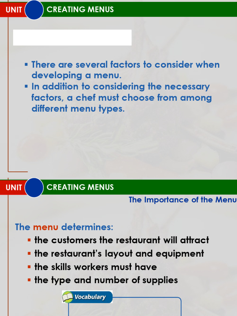 PPT- Unit 1- Creating Menus | PDF | Menu | Meal
