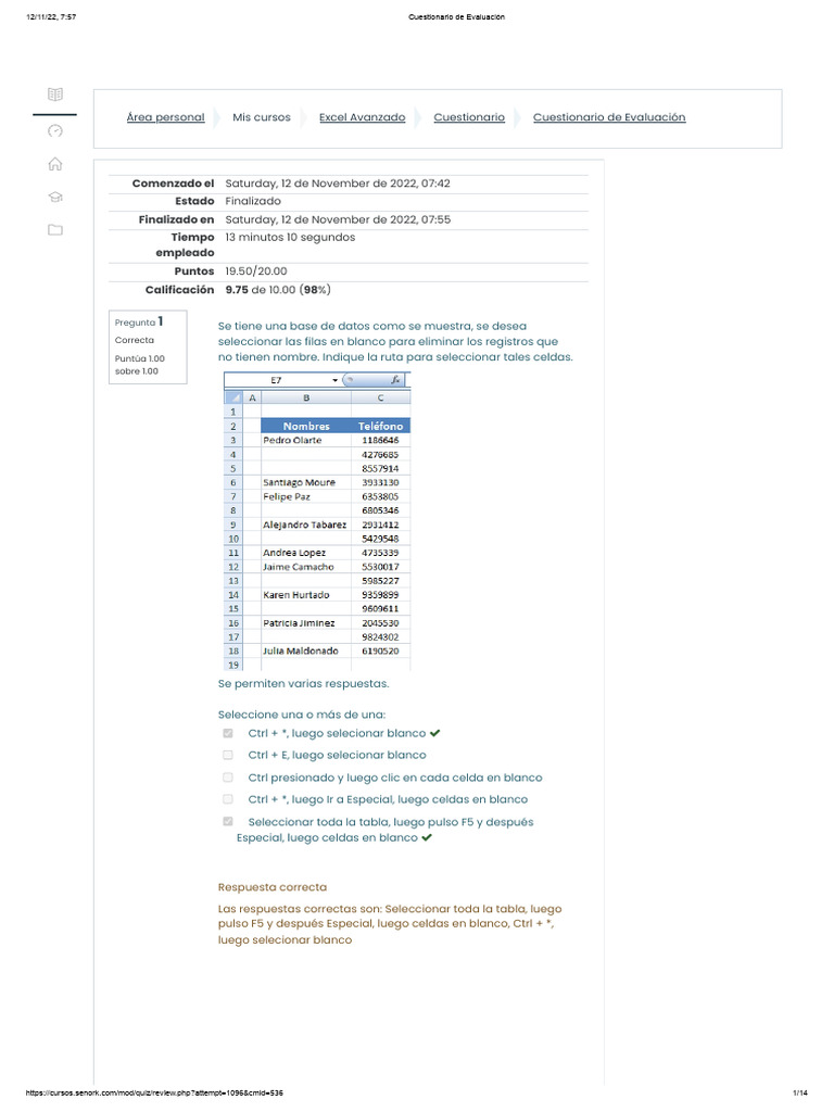 Cuestionario de Evaluación | PDF | Microsoft Excel | Variable (informática)
