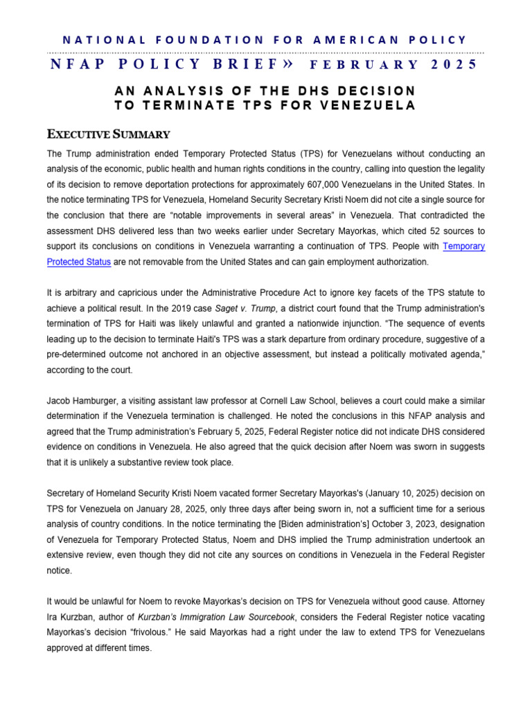 An Analysis of The DHS Decision To Terminate TPS For Venezuela and TPS - NFAP Policy Brief.2025 ...