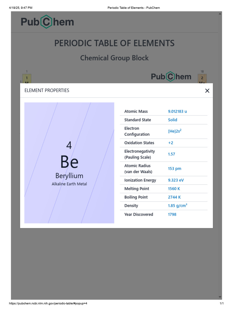 Periodic Table of Elements - Be-PubChem | PDF | Periodic Table | Chemistry