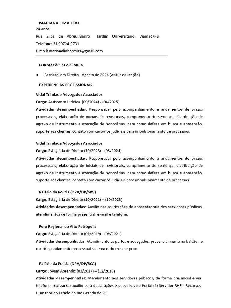 Curriculo Mariana Lima Leal | PDF
