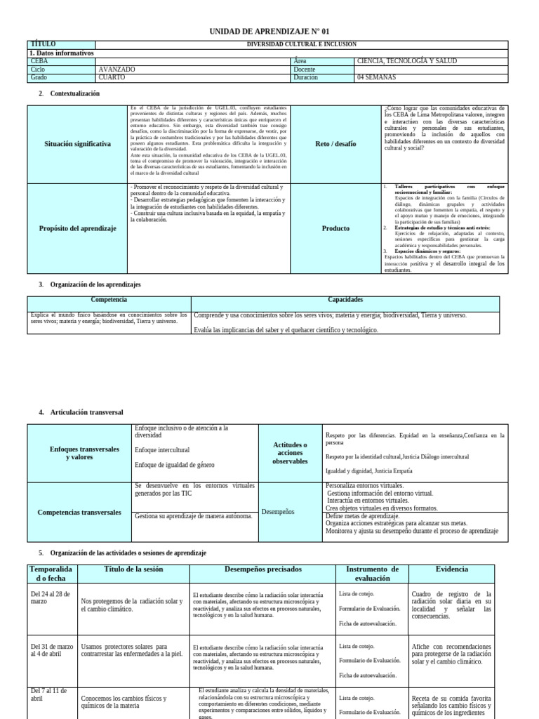 Unidad de Aprendizaje 1 | PDF | Aprendizaje | Inclusión (Educación)