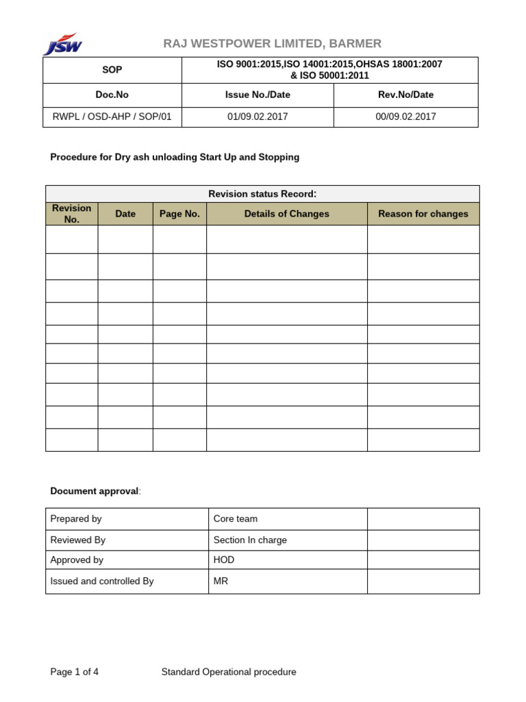 SOP Procedure For Dry Ash Unloading Start Up and Stopping | PDF ...