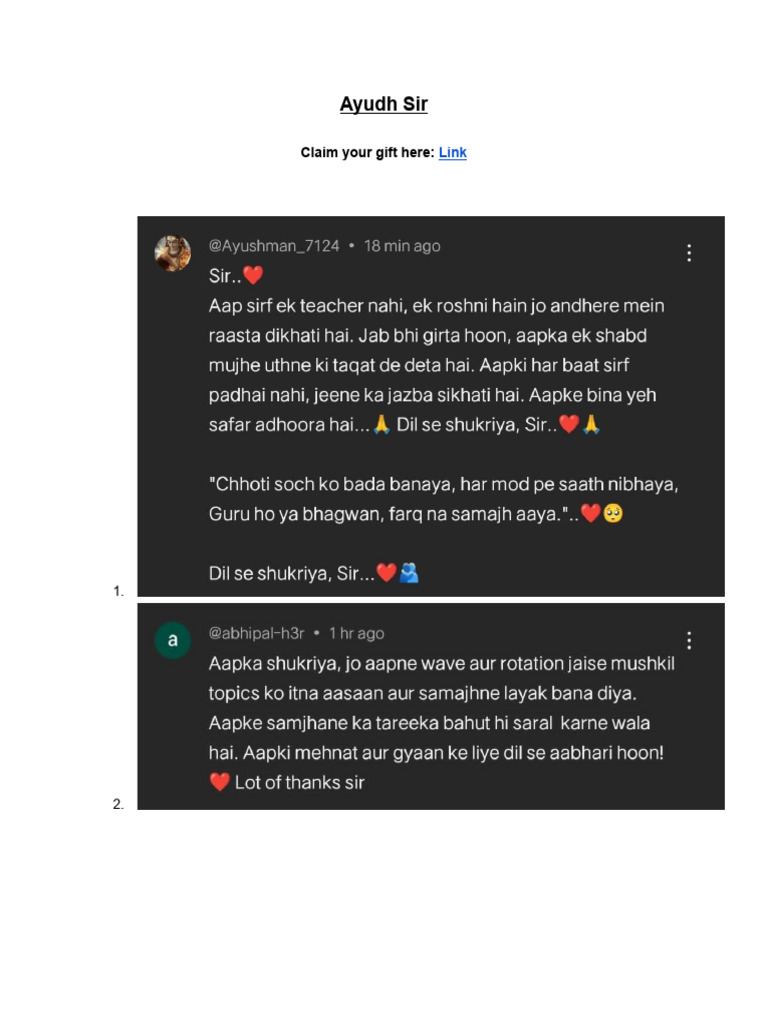 aayudh sir - Giveaway Video comments YT | PDF