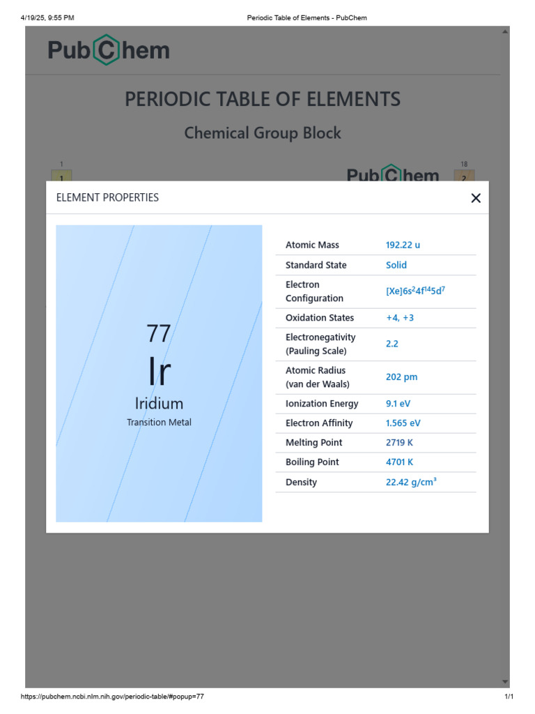 Periodic Table of Elements -Ir- PubChem | PDF | Periodic Table | Chemical Substances