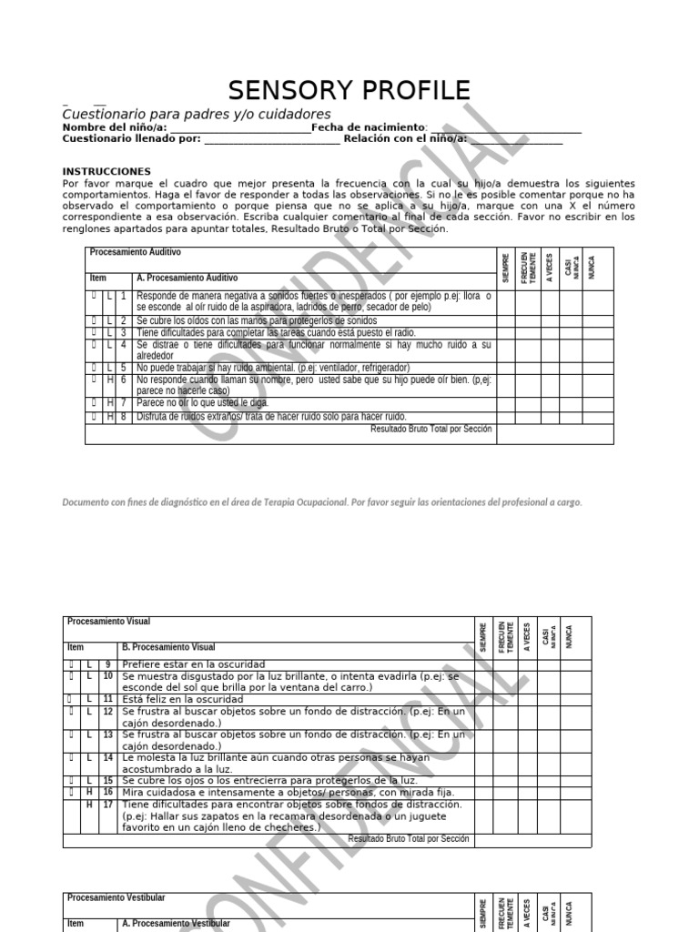 Cuestionario de Perfil Sensorial Infantil | PDF