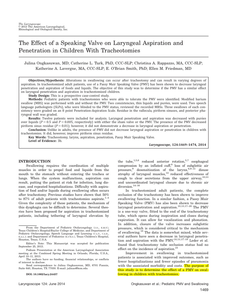 The Effect of A Speaking Valve On Laryngeal Aspiration and Penetration ...
