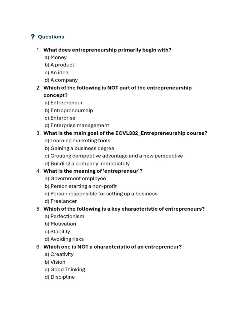 Entrepreneurship Concepts and Skills Quiz | PDF | Entrepreneurship ...