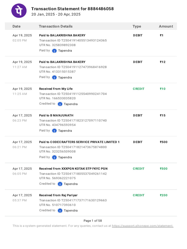 PhonePe Statement Jan2025 Apr2025 | PDF | Debits And Credits | Debit Card