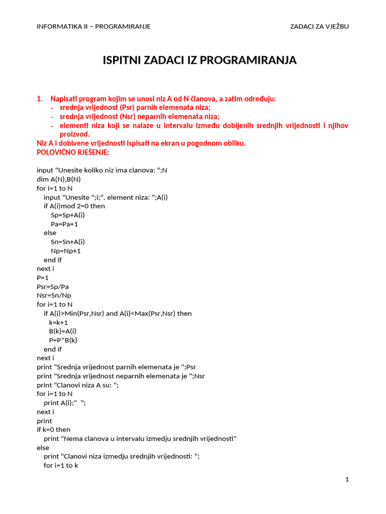 ISPITNI - ZADACI Iz Inž. Programiranja | PDF