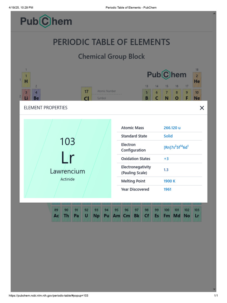 Periodic Table of Elements - Lr-PubChem | PDF | Periodic Table | Atoms