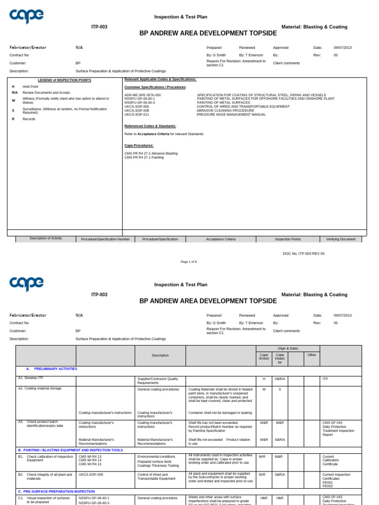 Blasting & Coating Inspection Plan | PDF | Specification (Technical ...