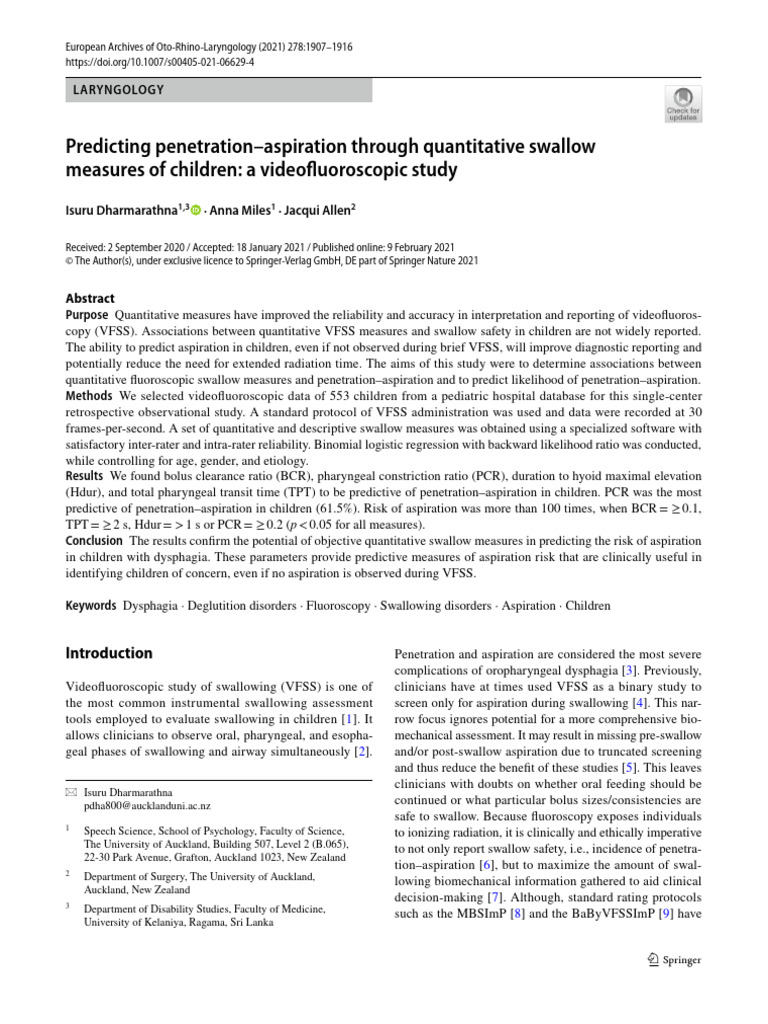 Predicting Penetration Aspiration Throught Quantitative Swallow Measures of Children | PDF ...