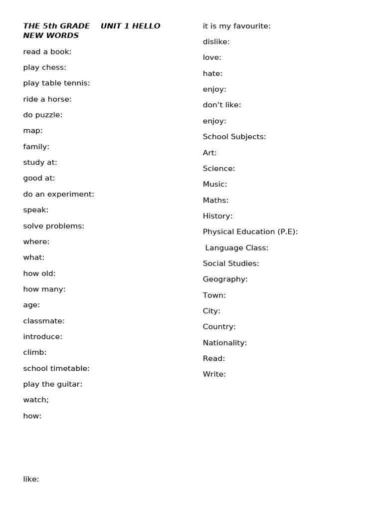 THE 5th GRADE UNIT 1 HELLO NEW WORDS | PDF