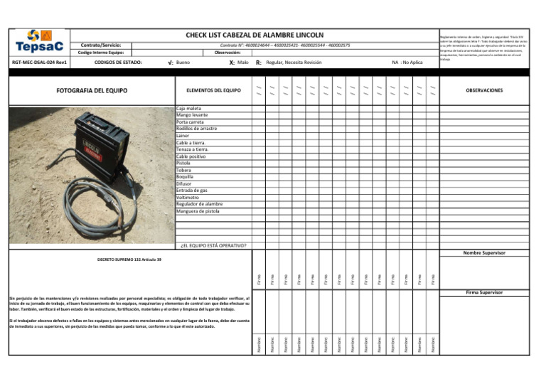 RGT-MEC-DSAL-024 Check List Cabezal Alambre Lincoln | PDF
