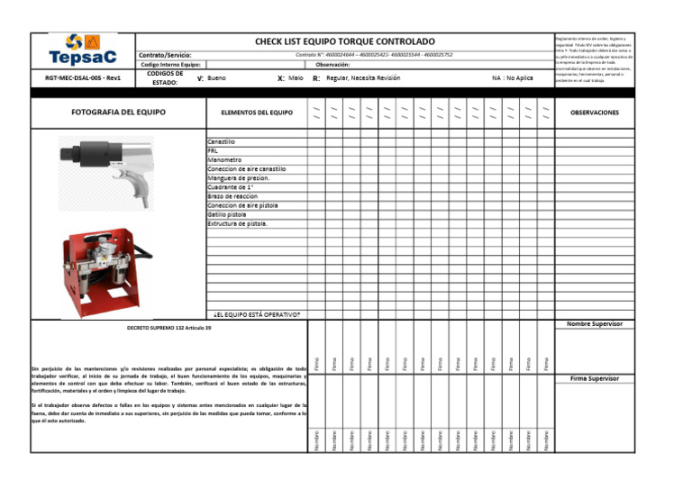 RGT-MEC-DSAL-005 Checklist Eq Torque Controlado RAD | PDF