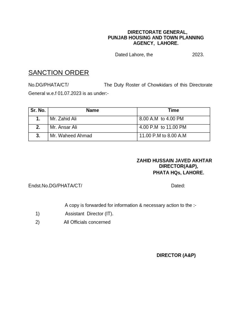 Duty Order of Chowkidar | PDF