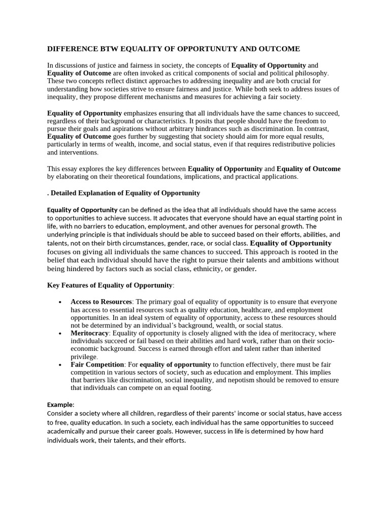 Difference BTW Equality of Opportunuty and Outcome | PDF | Equal ...