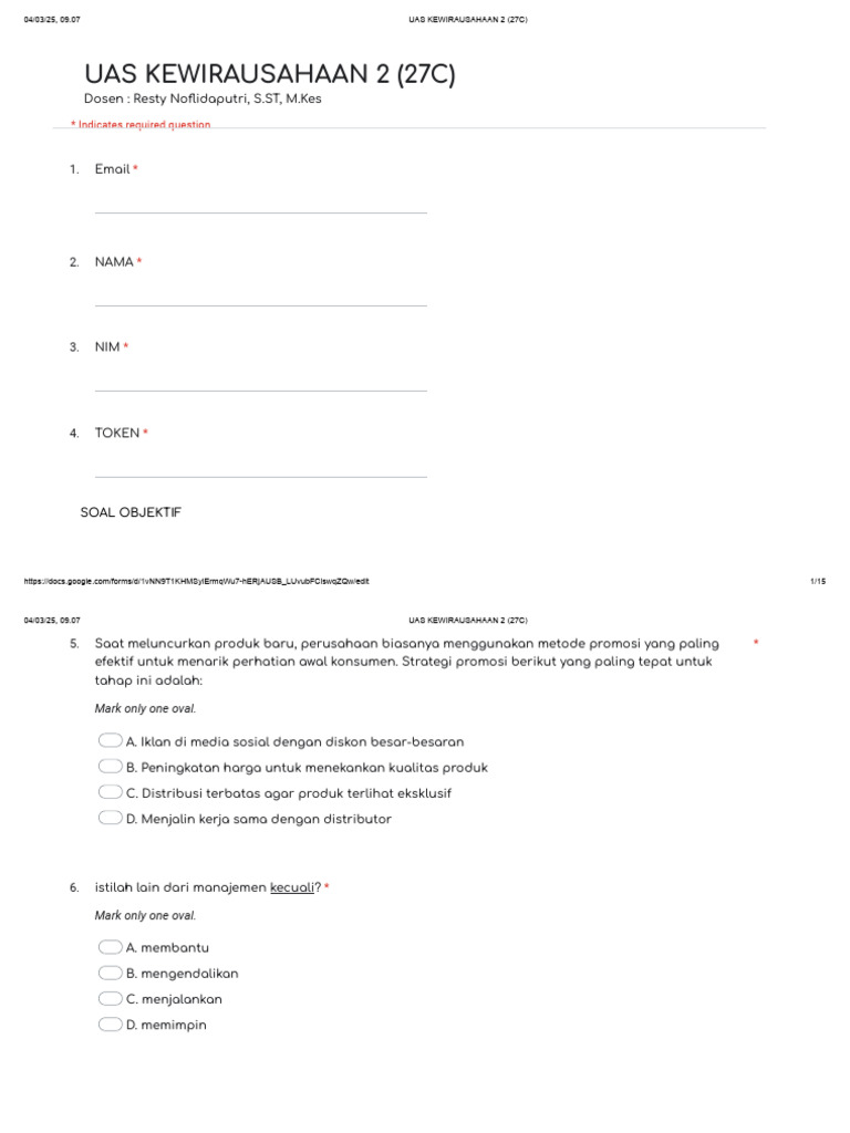 UAS KEWIRAUSAHAAN 2 (27C) - Google Forms | PDF