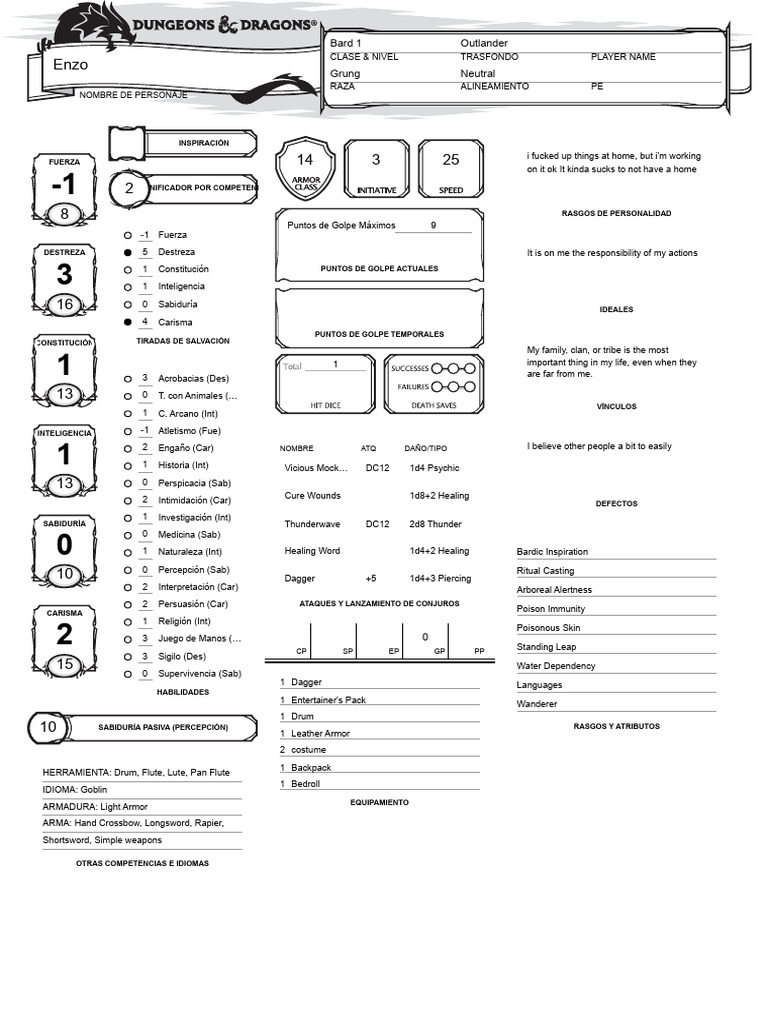 Grung Bard Character Sheet | PDF