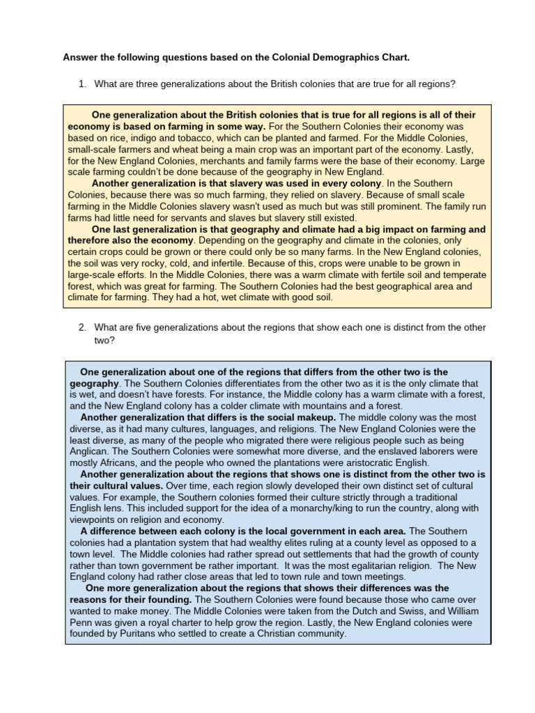 Colonial Comparisons Questions | PDF | Agriculture | New England