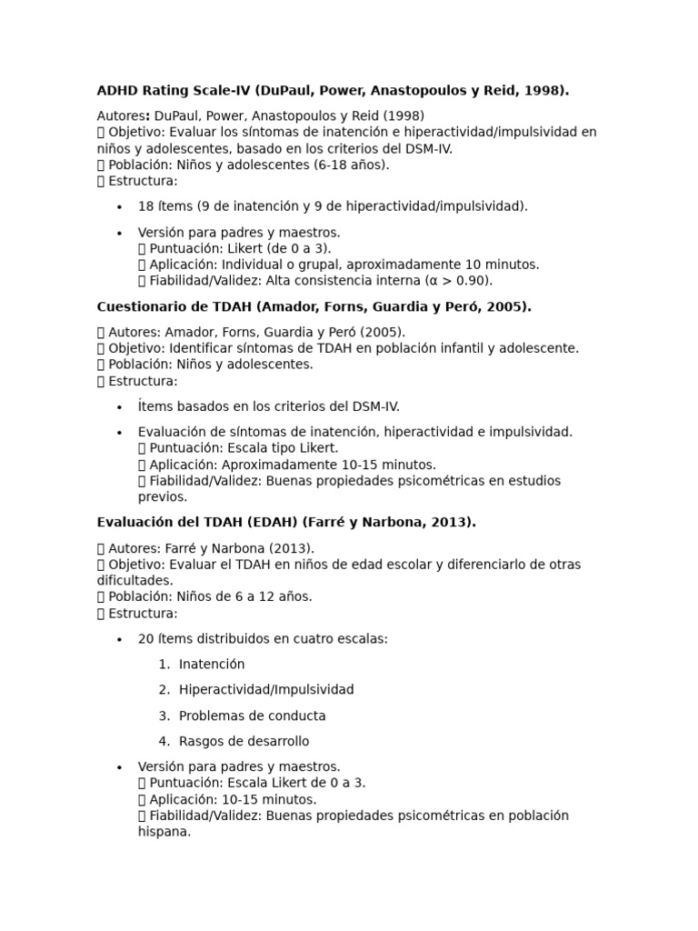 Escala DuPaul para Evaluación del TDAH | PDF | Desorden hiperactivo y ...