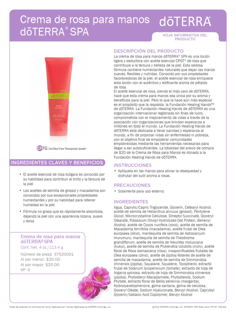 Crema de Rosa para Manos Doterra Spa Rose Hand Lotion | PDF | Petróleo ...