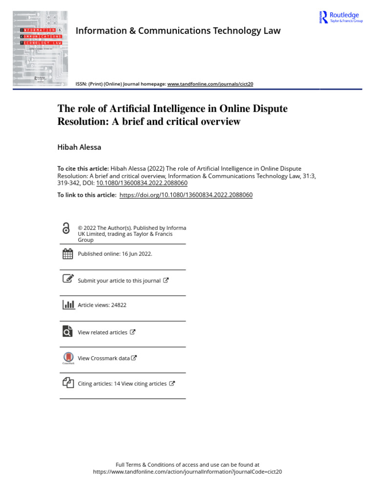 The Role of Artificial Intelligence in Online Dispute Resolution A Brief and Critical Overview ...
