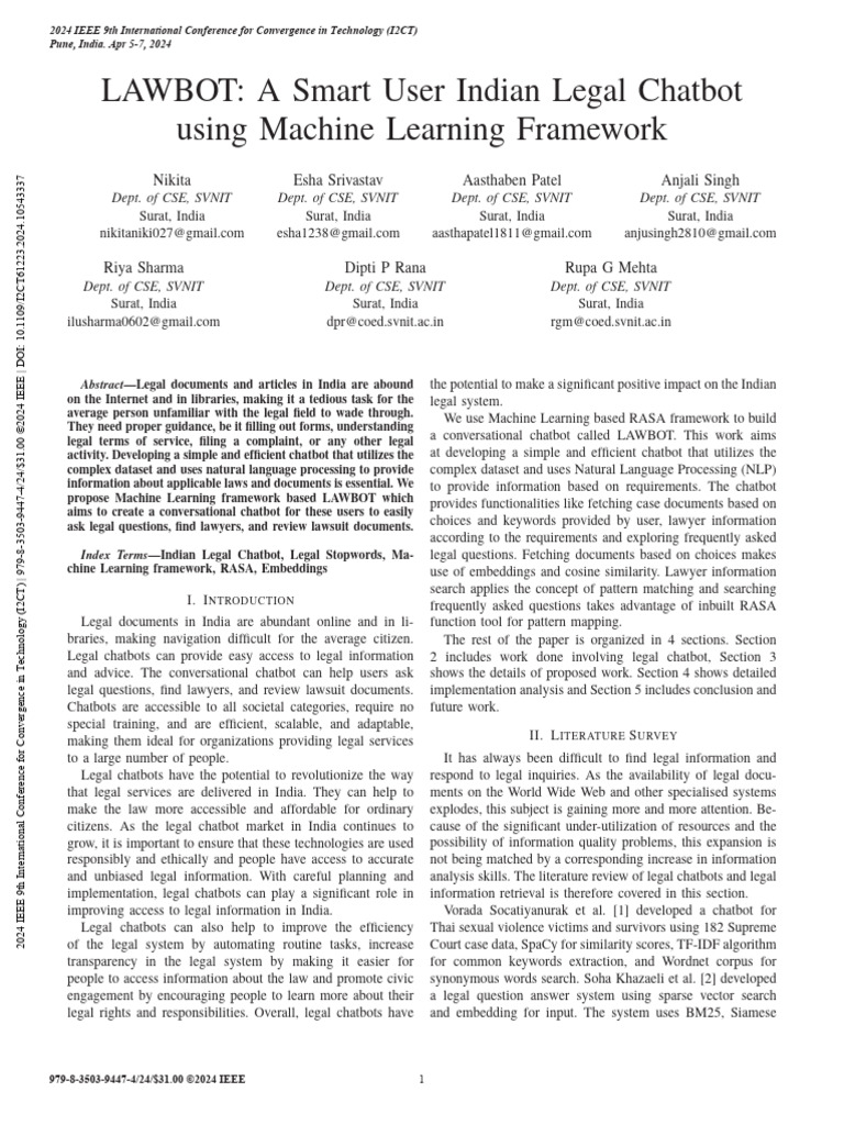 LAWBOT A Smart User Indian Legal Chatbot Using Machine Learning Framework | PDF | Databases ...