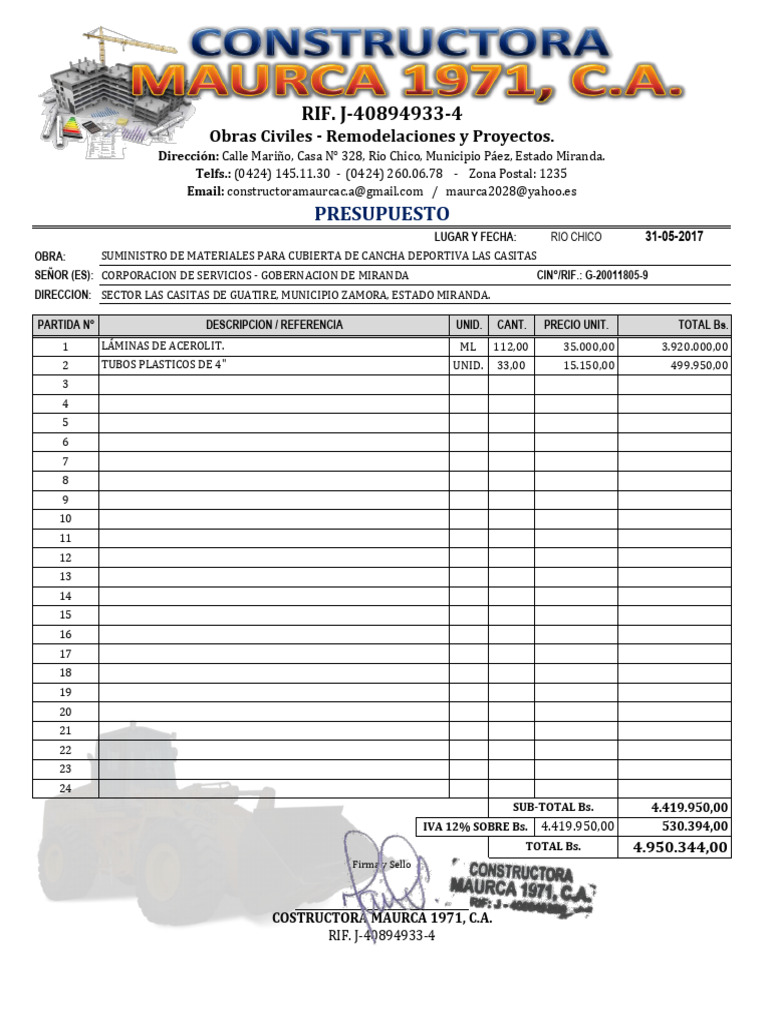 Presupuesto para Cancha Deportiva Guatire | PDF