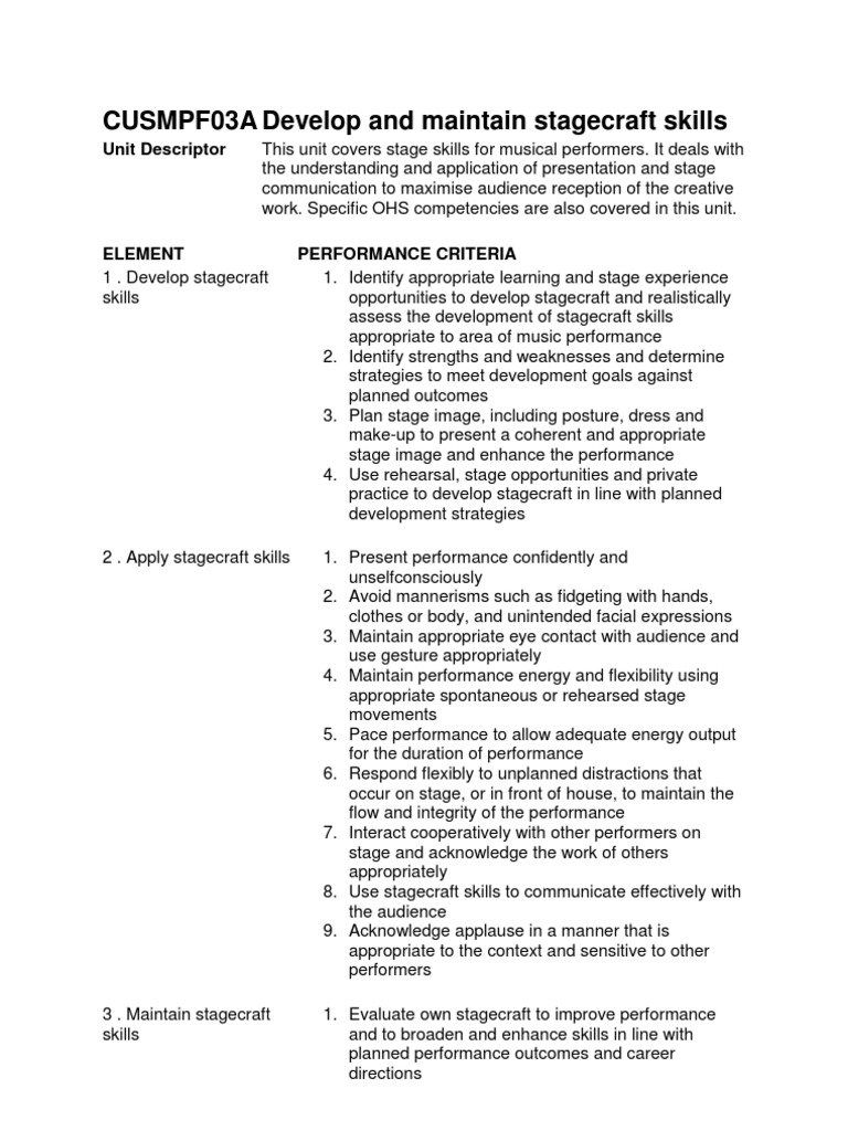 CUSMPF03A Develop and Maintain Stagecraft Skills: Unit Descriptor | PDF ...