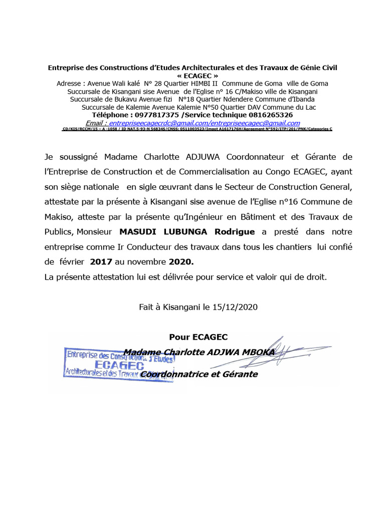 Attestation de Service Rendu | PDF