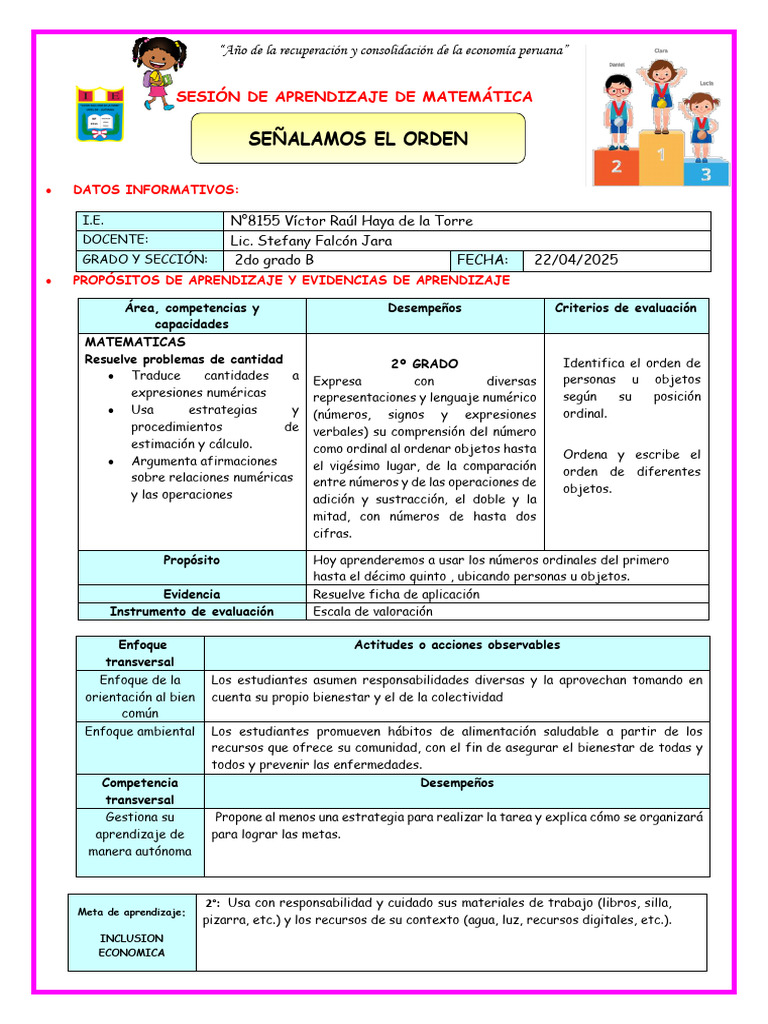 2º U2 S1 Sesion D2 Mat Señalamos El Orden Sem 1 Del 21 Al 25 de Abril | PDF | Aprendizaje