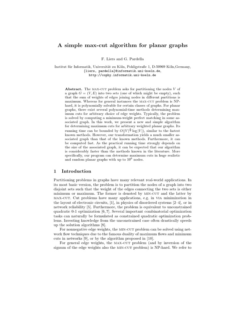 A Simple Max-cut Algorithm for Planar Graphs | PDF | Vertex (Graph Theory) | Graph Theory