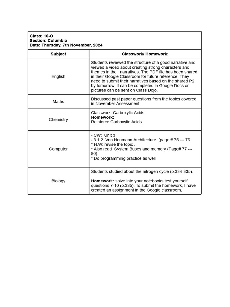Class 10-O Homework Overview: Nov 7, 2024 | PDF