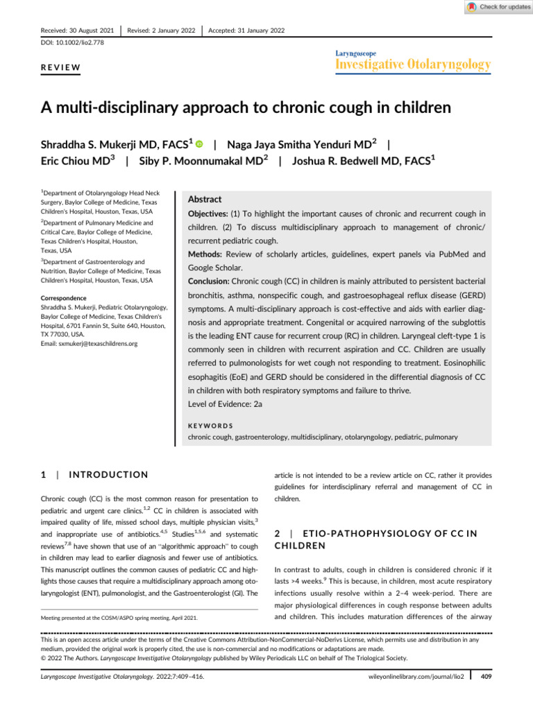 approach to chronic cough in children | PDF | Gastroesophageal Reflux ...