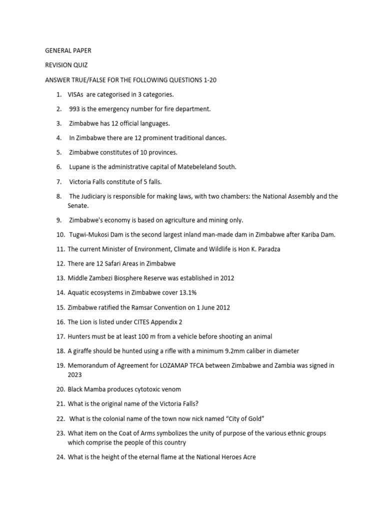 Zimbabwe General Paper Revision Quiz | PDF | Zimbabwe | Zambia