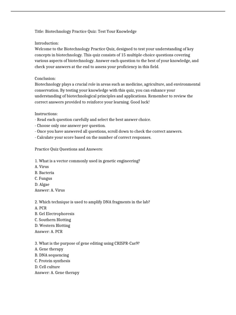 BUSINESS N500 Biotechnology Practice Quiz Test Your Knowledge | PDF ...