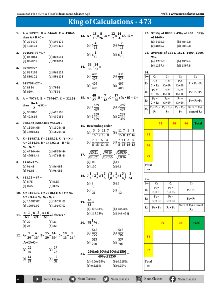 King Of Calculations Sheet- 473 | PDF