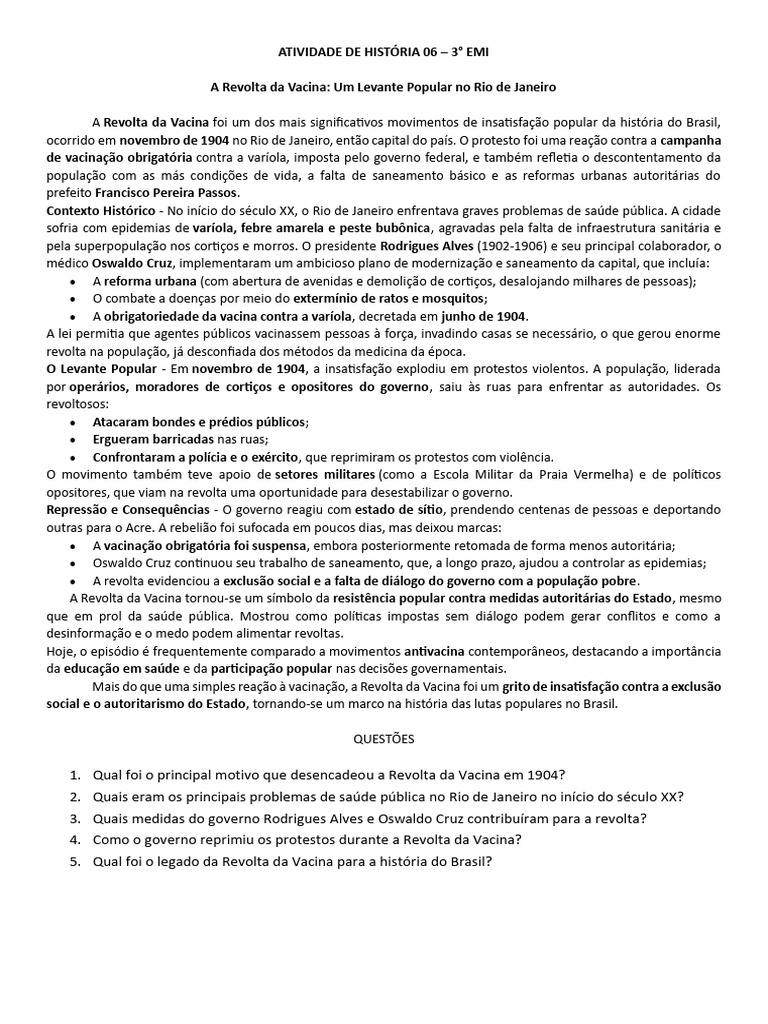 EMI 3 TEXTO A Revolta da Vacina Um Levante Popular no Rio de Janeiro | PDF | Brasil