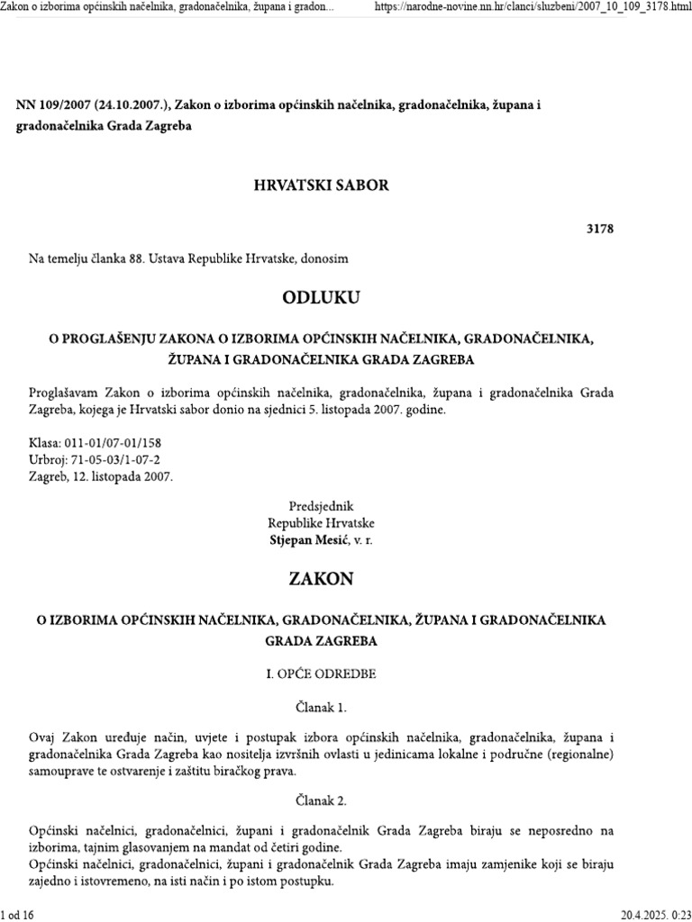 Zakon o Izborima Načelnika, Gradonačelnika I Župana | PDF