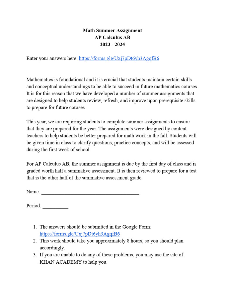AP Calculus AB Summer Assignment 2023 | PDF | Elementary Geometry ...