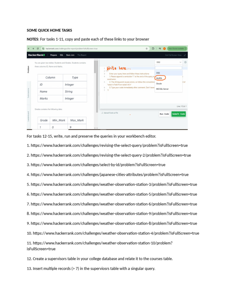 Quick Home SQL Tasks and Queries | PDF